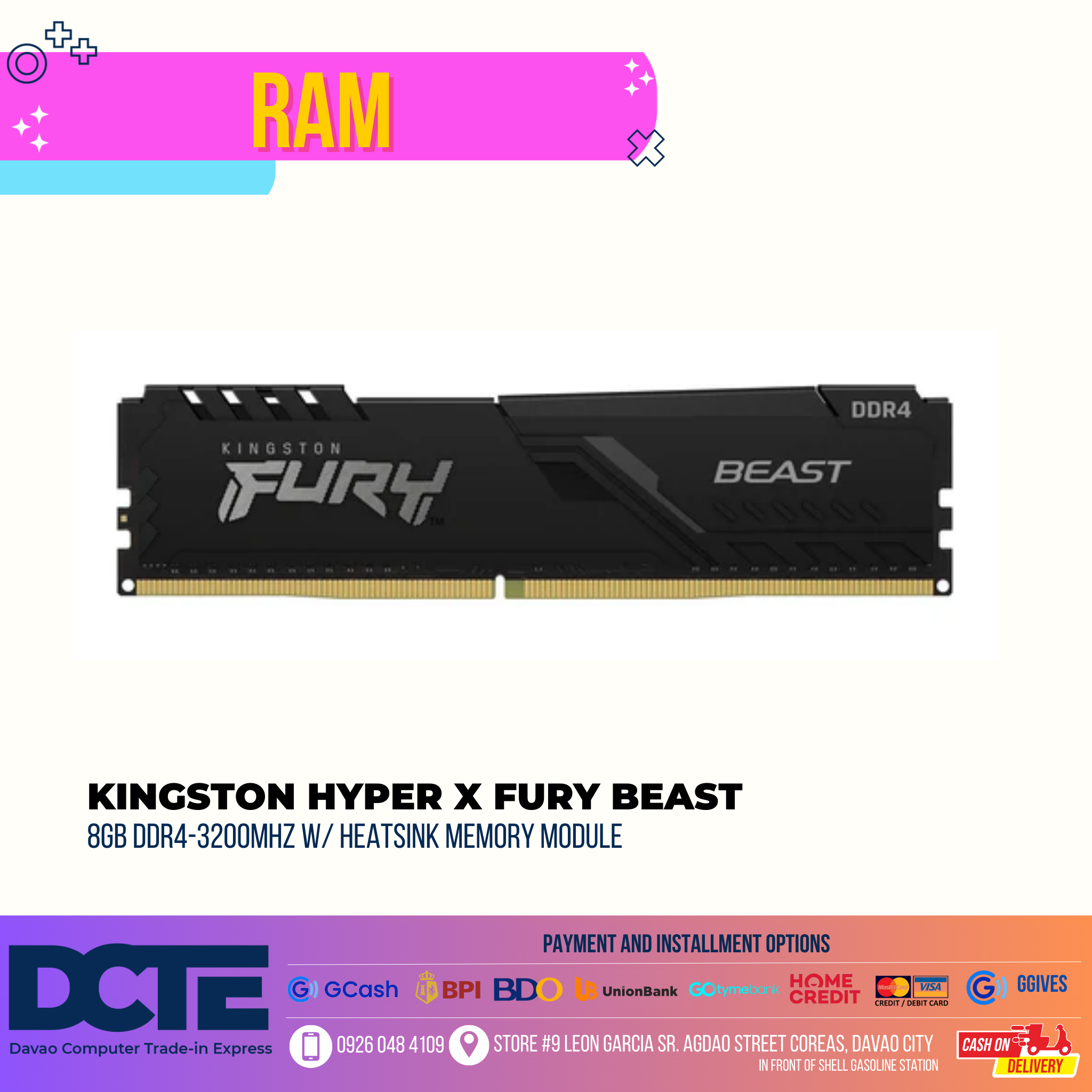 KINGSTON HYPER X FURY BEAST 8GB DDR4-3200MHZ W/ HEATSINK MEMORY MODULE ...