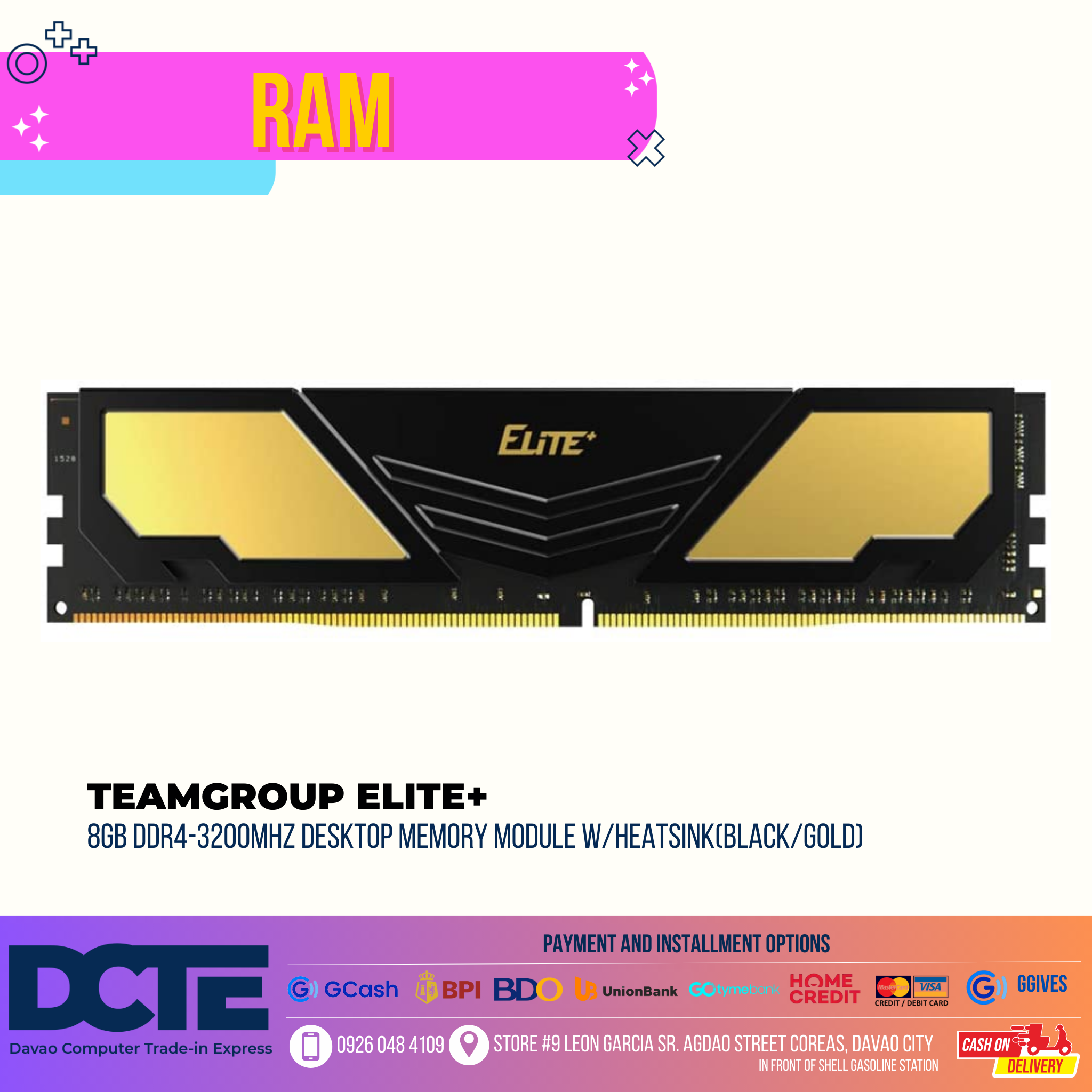 Teamgroup Elite 8gb Ddr4 3200mhz Desktop Memory Module W Heatsink Black Gold Dcte Trade To